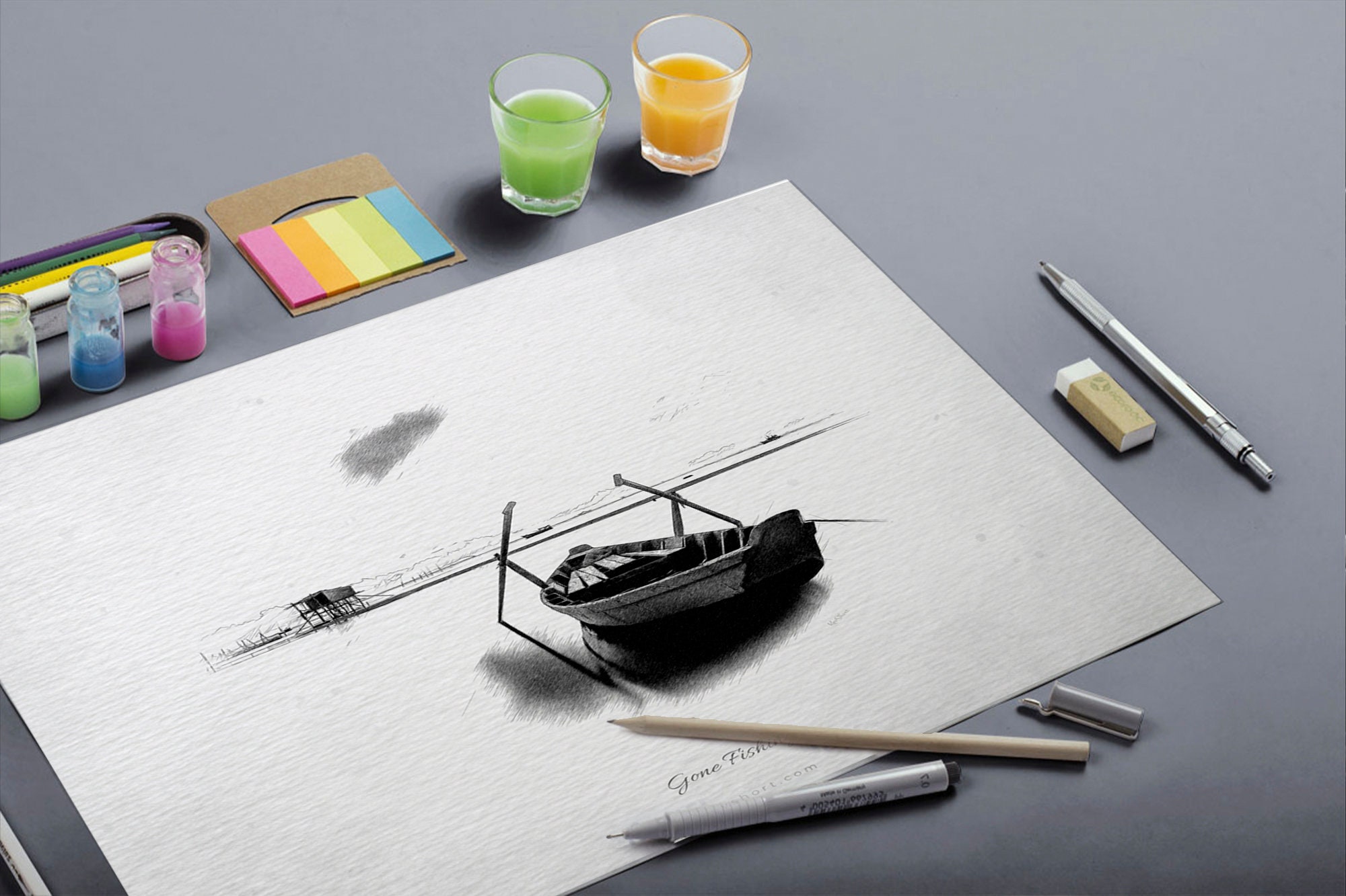 Gone Fishing, Fishing Boat Pencil Drawing, Nautical Art, Wall Art Decor ...