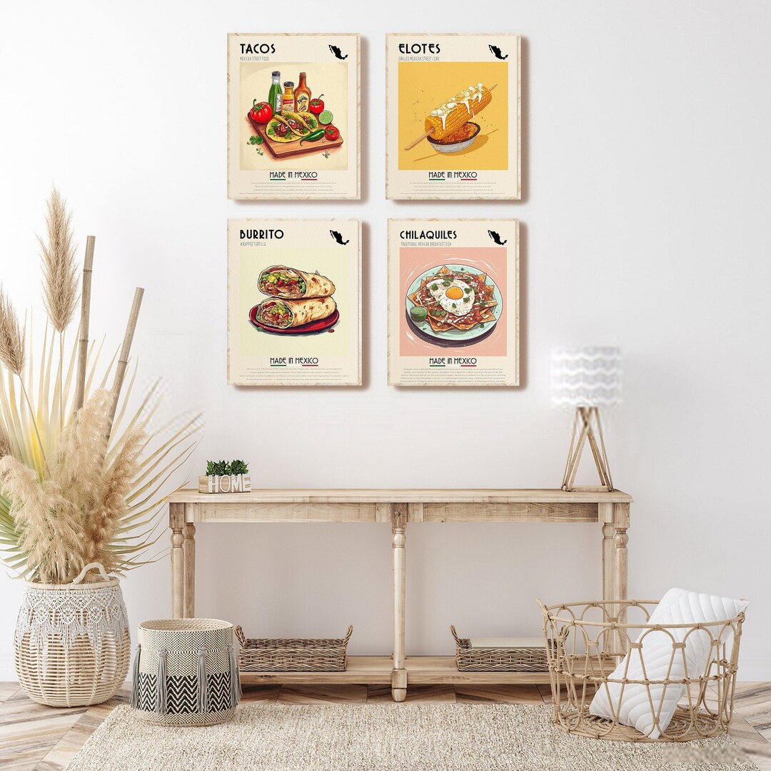 Set of 4 Mexican Food Poster, Tacos, Elotes Print, Burrito Art ...