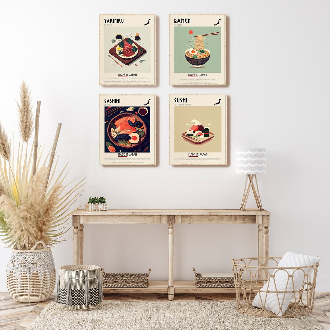 Set of 4 Japanese Food Poster, Kitchen Wall Set, Sushi Print, Ramen ...