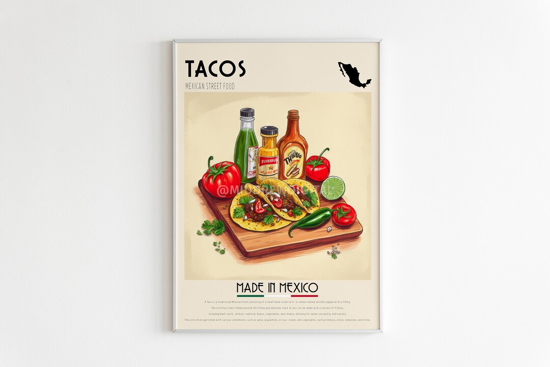 Tacos Poster, Mexican Taco Food Print, Kitchen Wall Art, Taco Art, Cafe ...
