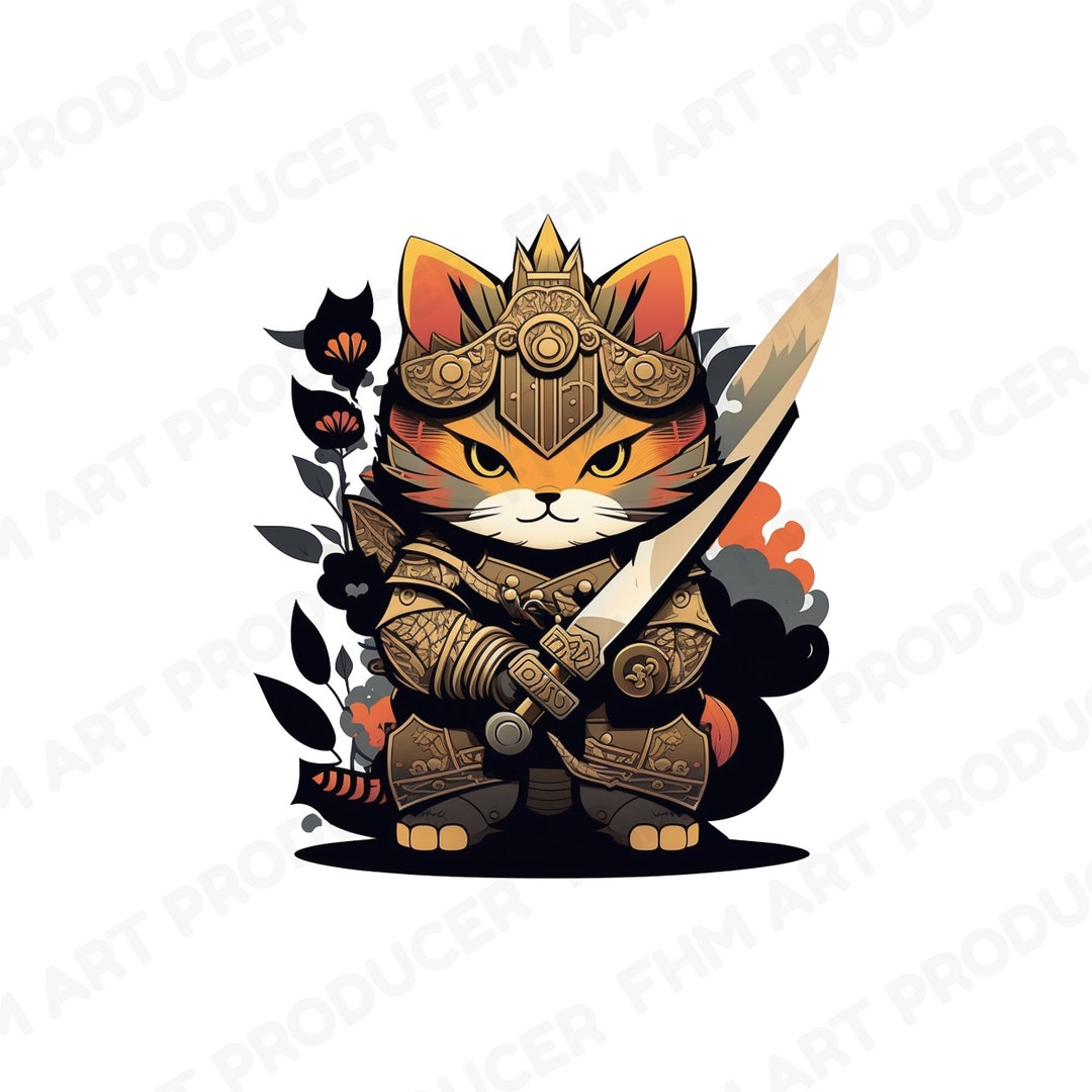 Warrior King Samurai Cat Png With Katana in Hand, Samurai Cat ...