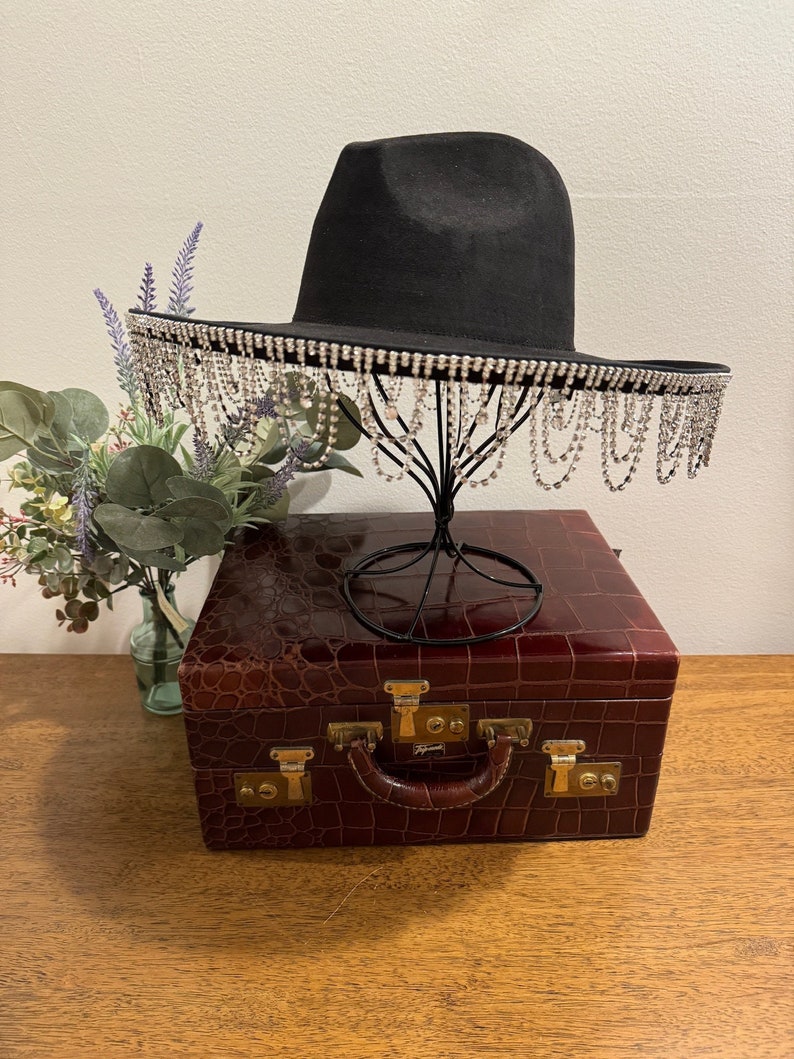 Black Cowboy Hat With Rhinestone Fringe Unique Festival and Western ...