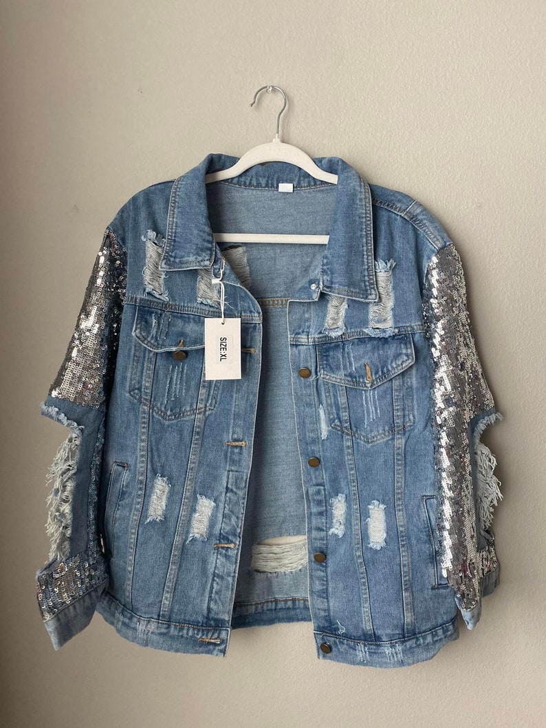 Denim Jacket Patchwork Jacket Sequin Jacket Bling Jacket - Etsy
