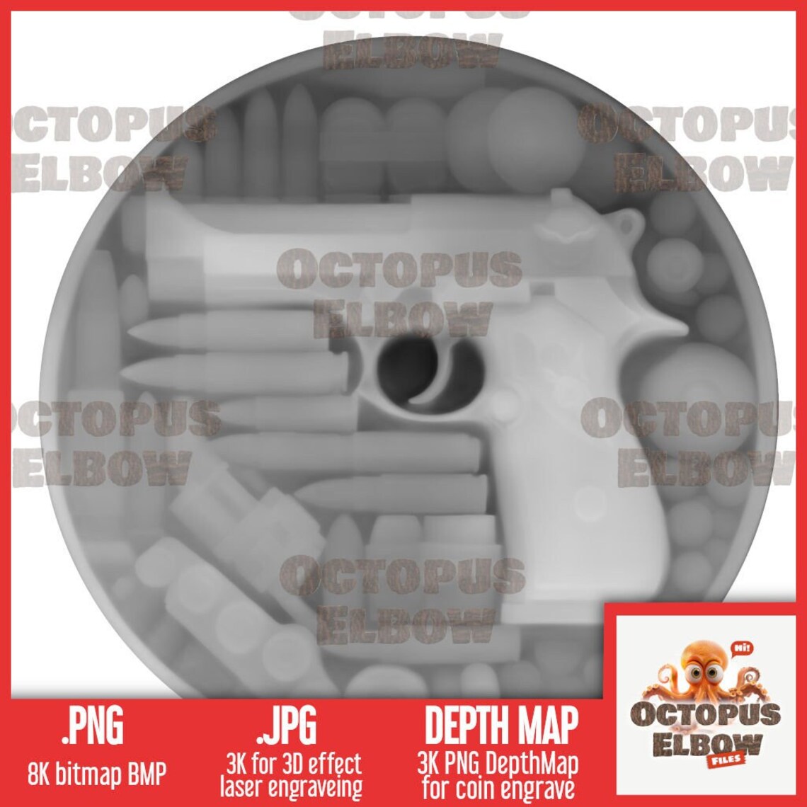Gun and Bullets Laser Burn 3D, 8K File for Engrave, Depth Map for Fiber ...