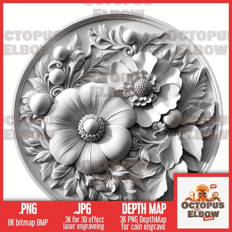 Flowers - Laser Burn 3D, 8K File for Engrave, Depth Map for Fiber or ...