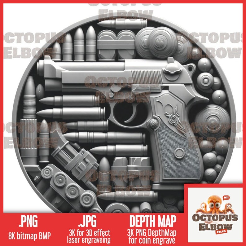 Gun and Bullets - Laser Burn 3D, 8K File for Engrave, Depth Map for ...