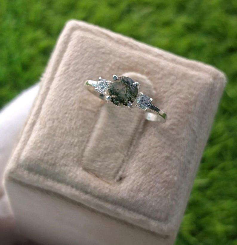 Moss Agate Engagement Ring: Round Cut, Sterling Silver, CZ Diamond - Etsy