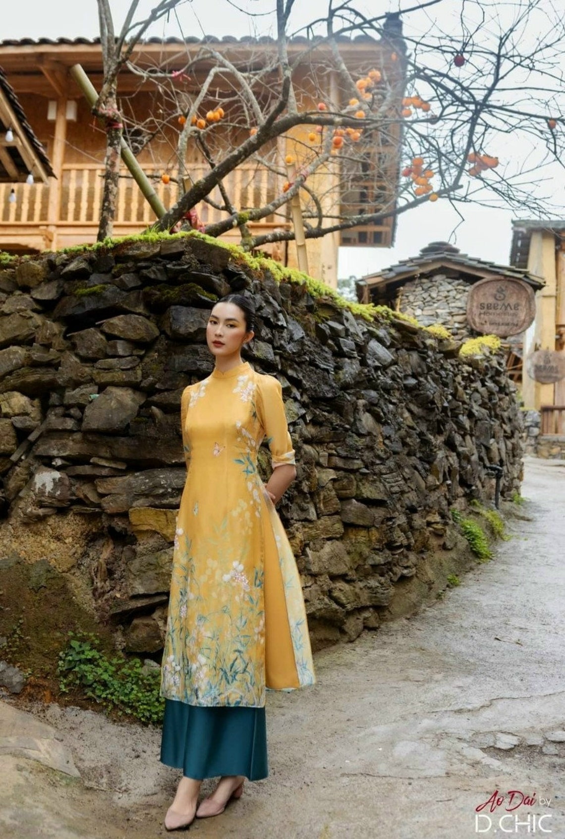 Yellow 3D Flower Ao Dai Setpre-made 3D Flower Modernized Ao Daiao Dai ...