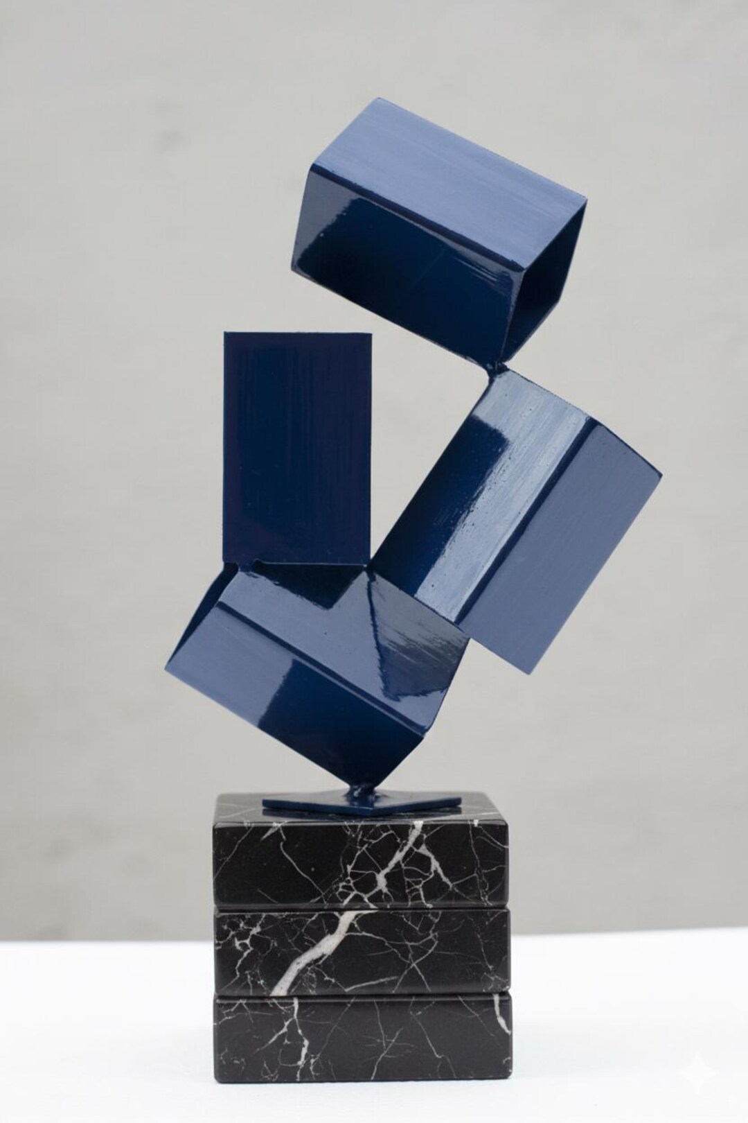 Modern Blue Steel Geometric Sculpture With Black Marble Base ...