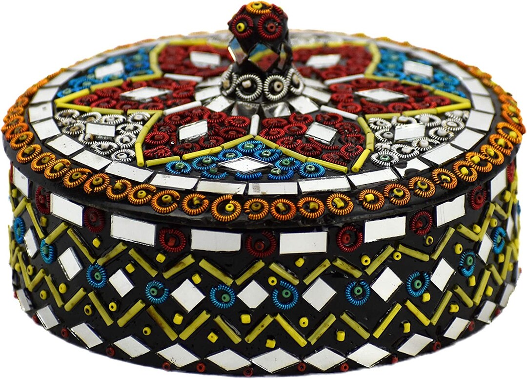 Decorative Bowl With Lid Shisha Moti Beads and Mirror Work Decorated ...