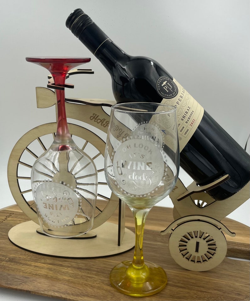 Personalised Bicycle Wine Bottle Holder Stand With Two Engraved Glasses ...