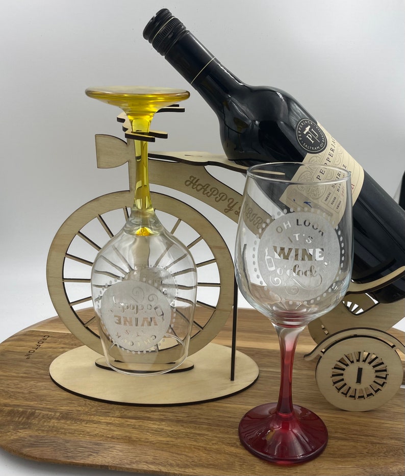 Personalised Bicycle Wine Bottle Holder Stand With Two Engraved Glasses ...