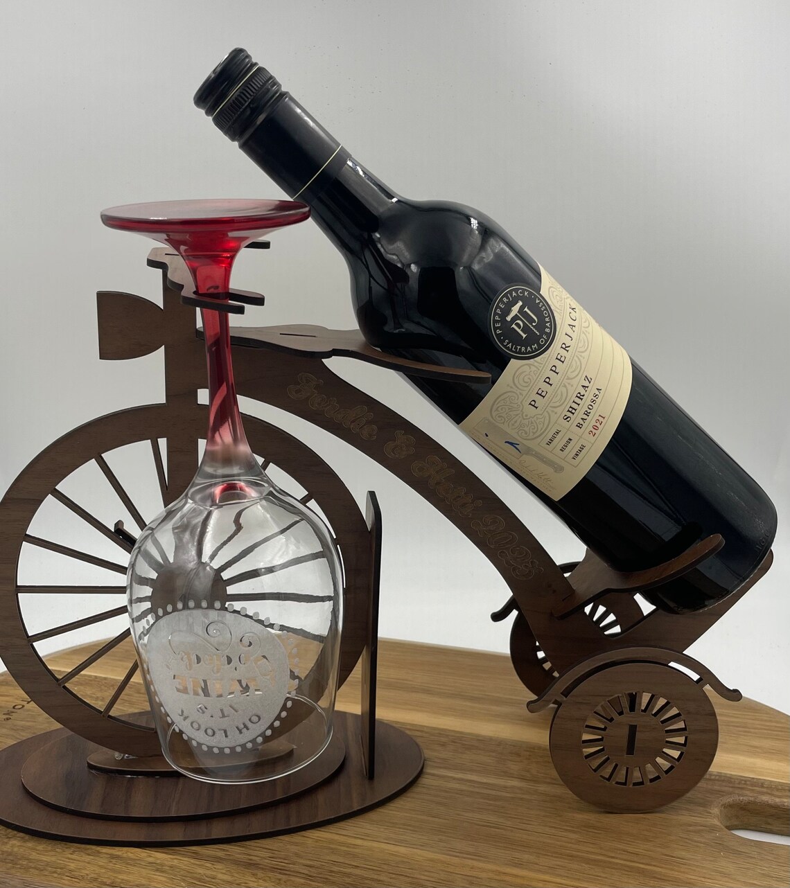 Personalised Bicycle Wine Bottle Holder Stand With Two Engraved Glasses ...