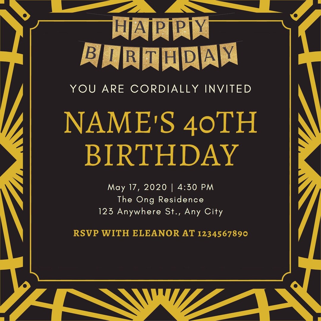 Digital Editable Happy 40th Birthday Invitation Black and Gold - Etsy