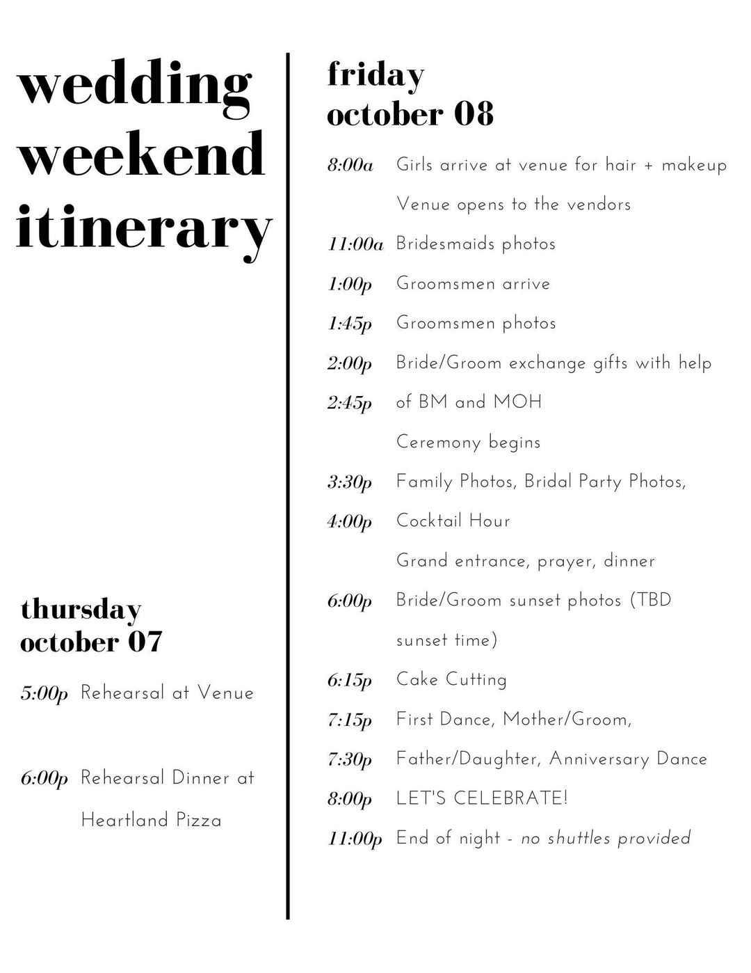Wedding Itinerary Template - Etsy