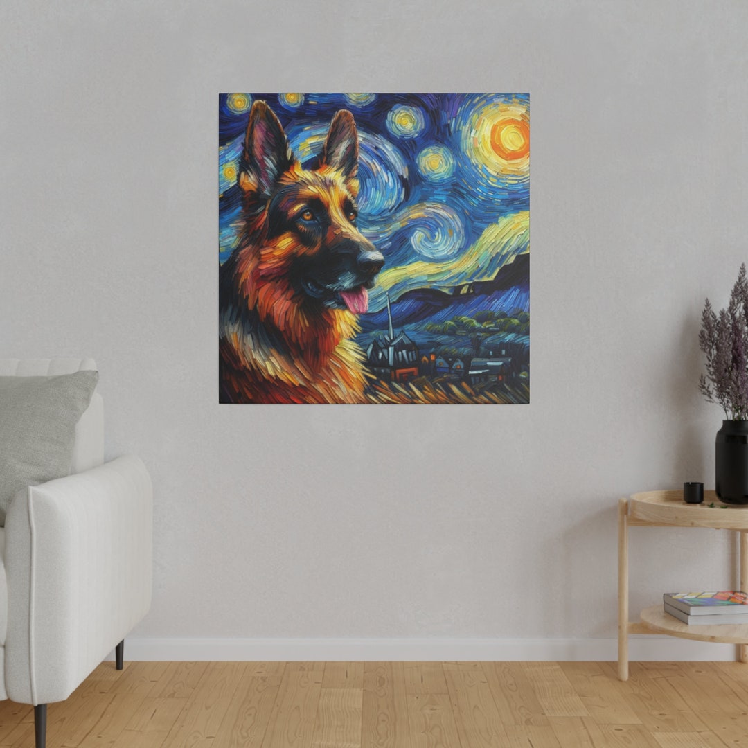 German Shepherd Dog Van Gogh Starry Night Style Matte Canvas, Stretched ...