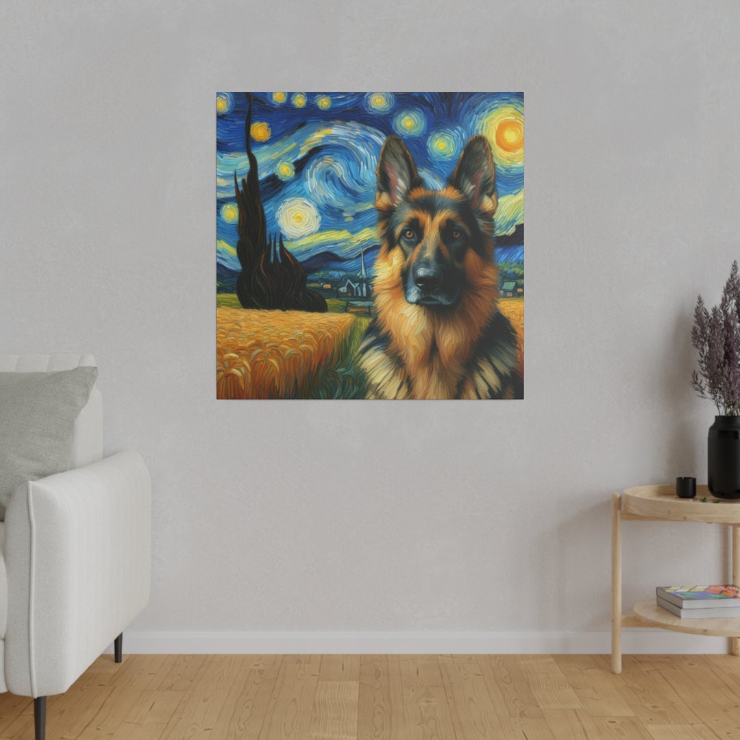 German Shepherd Dog Van Gogh Starry Night Style Matte Canvas, Stretched ...