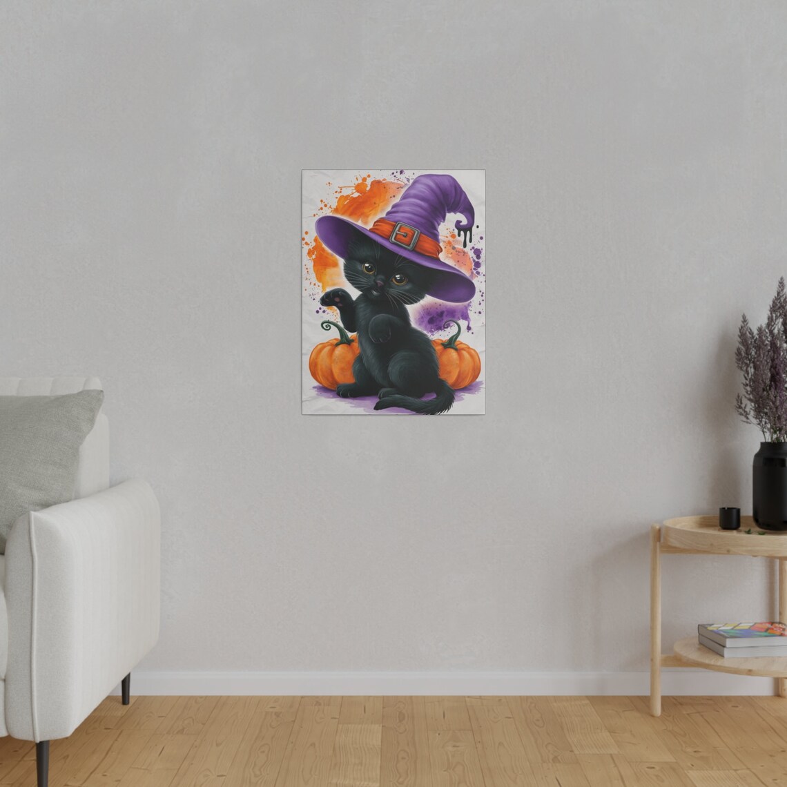 Black Halloween Cat With Witch Hat and Pumpkins Matte Canvas, Stretched ...