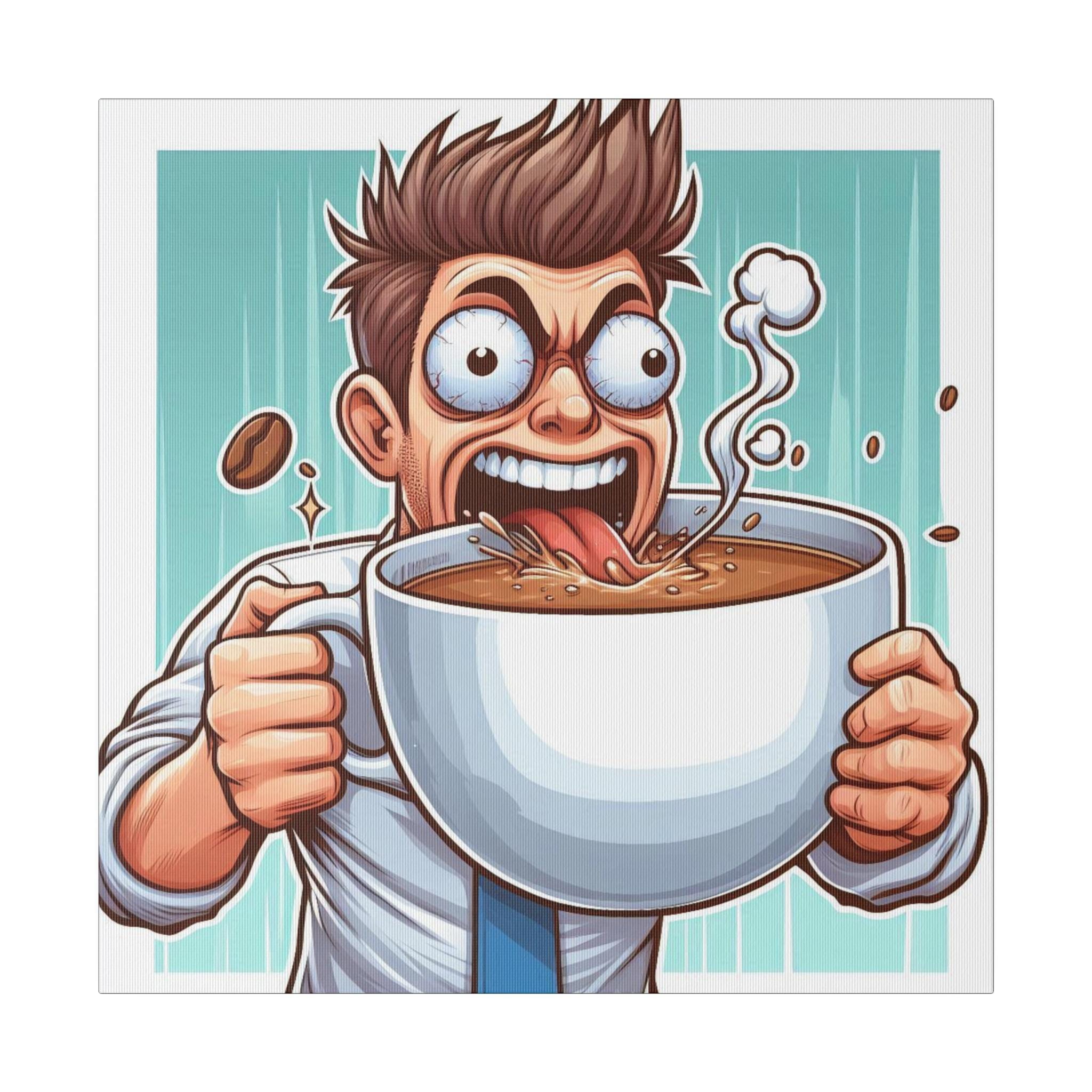 Illustration of Man With Giant Cup of Coffee, Addicted to Coffee Matte ...