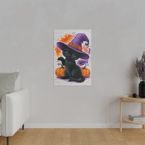 Black Halloween Cat With Witch Hat and Pumpkins Matte Canvas, Stretched ...