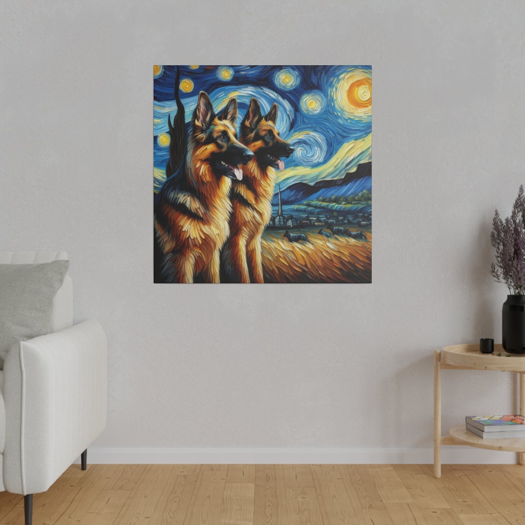 German Shepherd Dogs Van Gogh Starry Night Style Matte Canvas ...