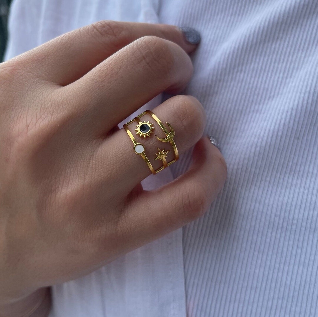 Sun Moon Star Ring 18K Gold Celestial Enamel Ring Adjustable Sun and ...