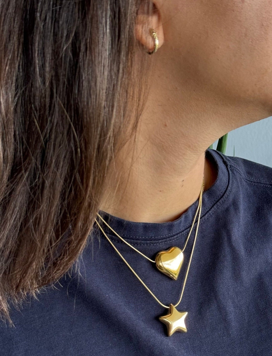 Gold Heart Necklace, Puffy Star Necklace,18k Gold Love Jewelry,handmade ...