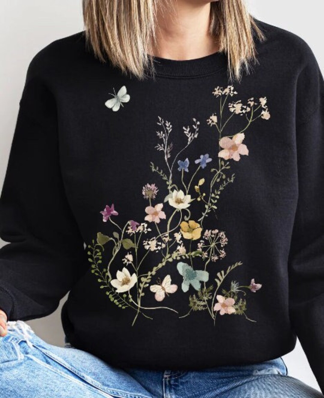 Vintage Pressed Wildflowers Sweatshirt Boho Wildflowers Cottage Core ...
