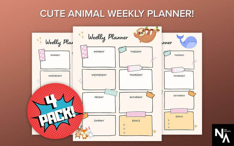 Cute Animals Weekly Planner Printable Weekly Planner Digital Weekly ...
