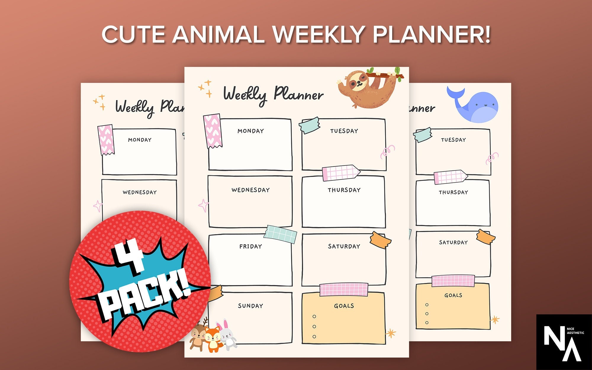 Cute Animals Weekly Planner Printable Weekly Planner Digital Weekly ...