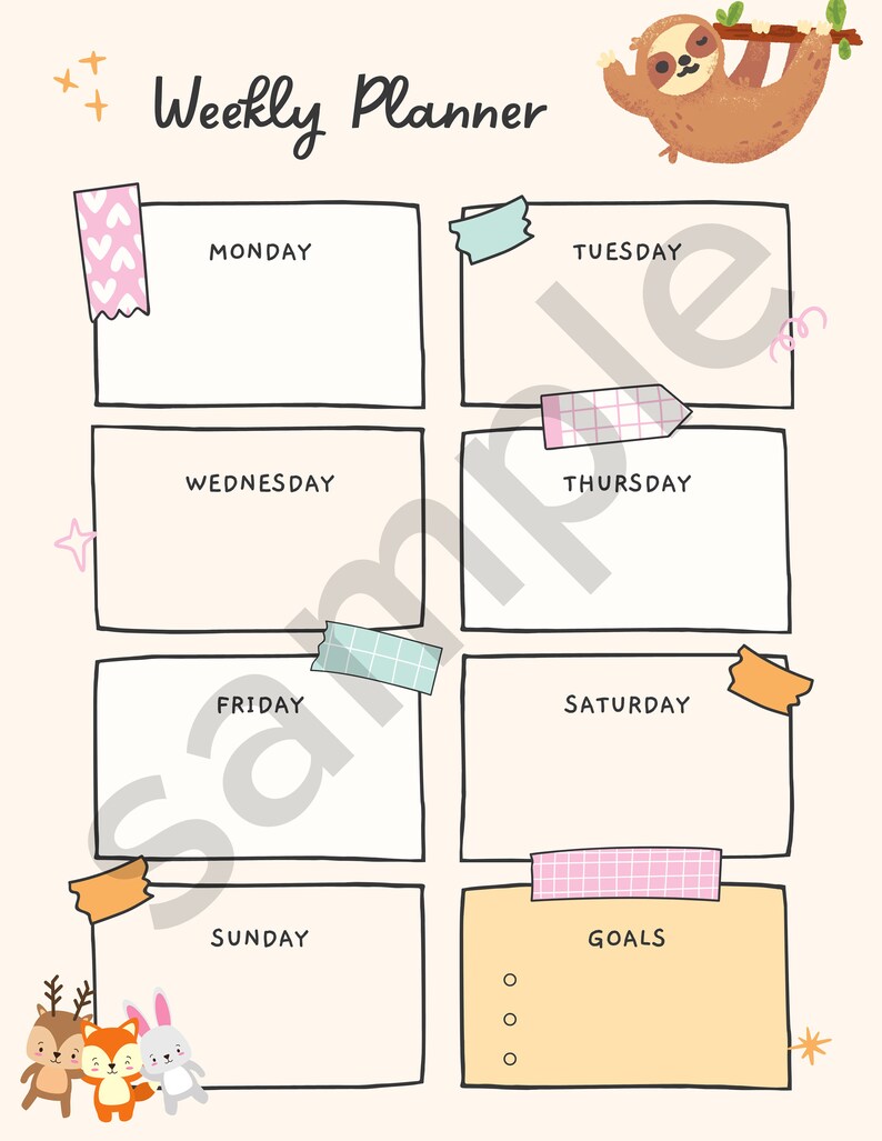 Cute Animals Weekly Planner Printable Weekly Planner Digital Weekly ...