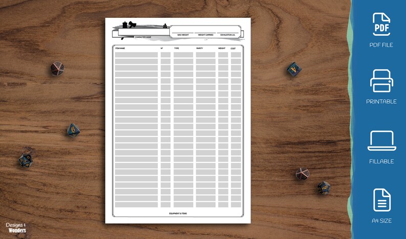 D&D 5e Inventory Tracker for Character Sheet: Printable PDF - Etsy