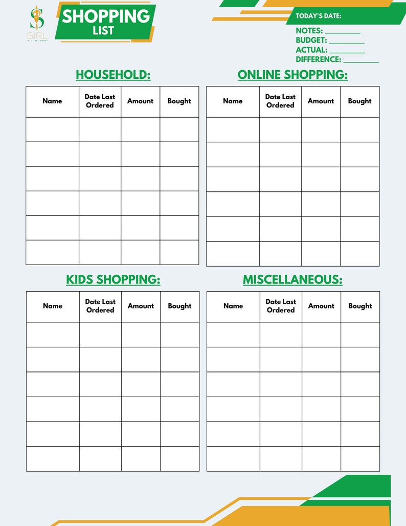 Printable Shopping List | Budget Planning System | Digital Print | PDF ...