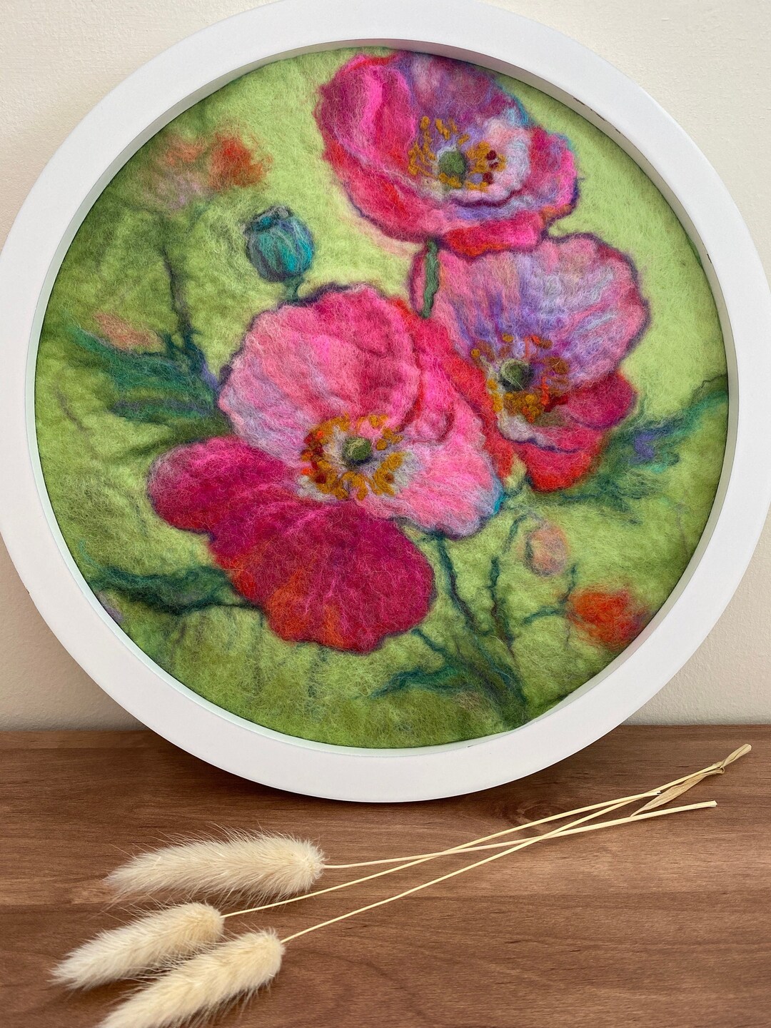 Round Wet Felted Artwork With Red Poppies - Etsy
