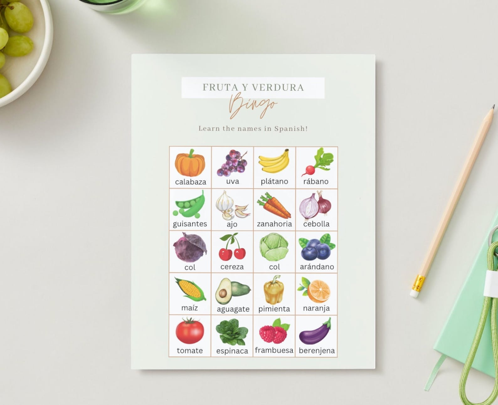 Spanish Fruit and Vegetable Bingo Game in Spanish | Fruta Y Verdura ...