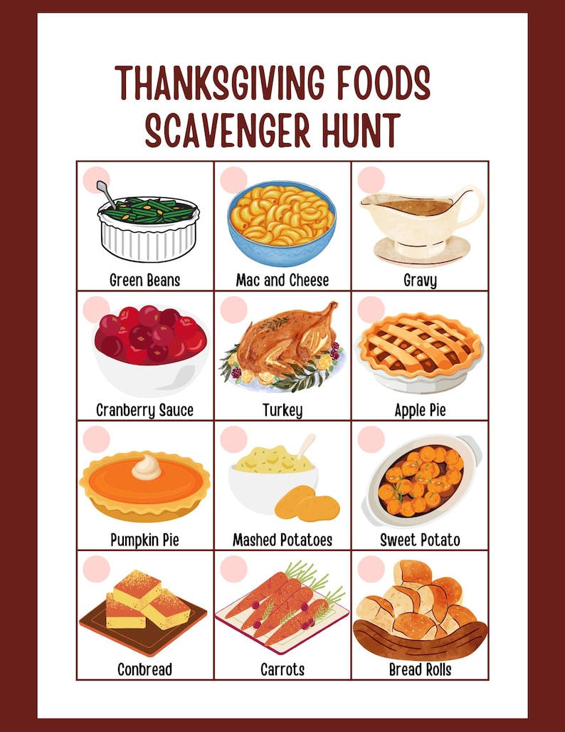 Thanksgiving Foods Scavenger Hunt | Thanksgiving Foods Activity | PDF ...