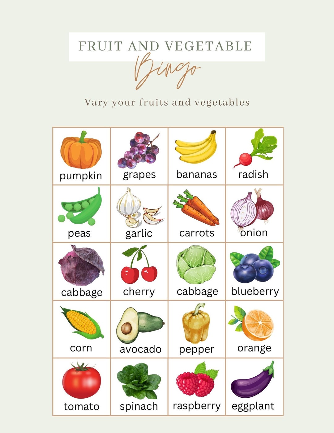 Fruit and Vegetable Bingo Game | PDF Download | 11 Pages - Etsy