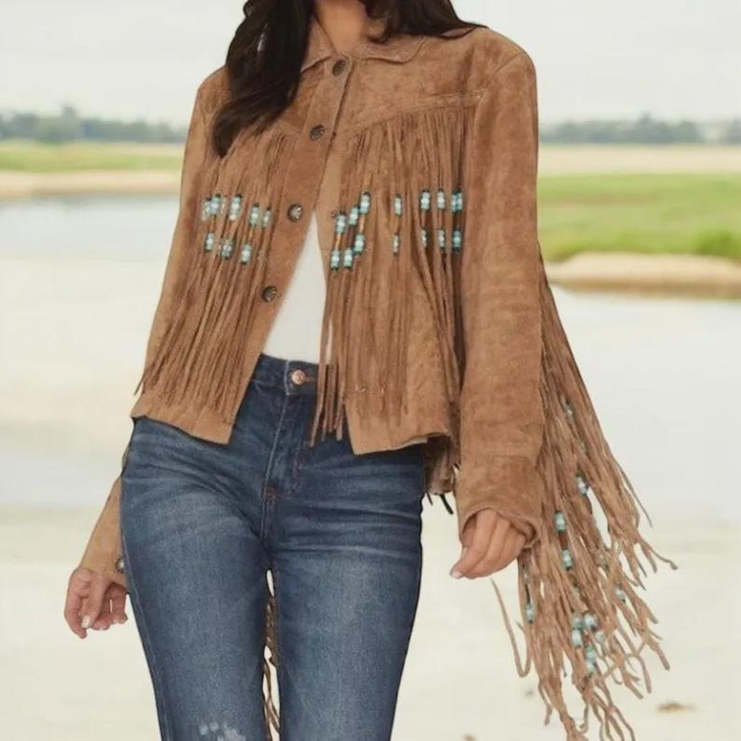 Women’s Western Wear Tan Brown Suede Leather Fringe Vintage Coat Jacket ...
