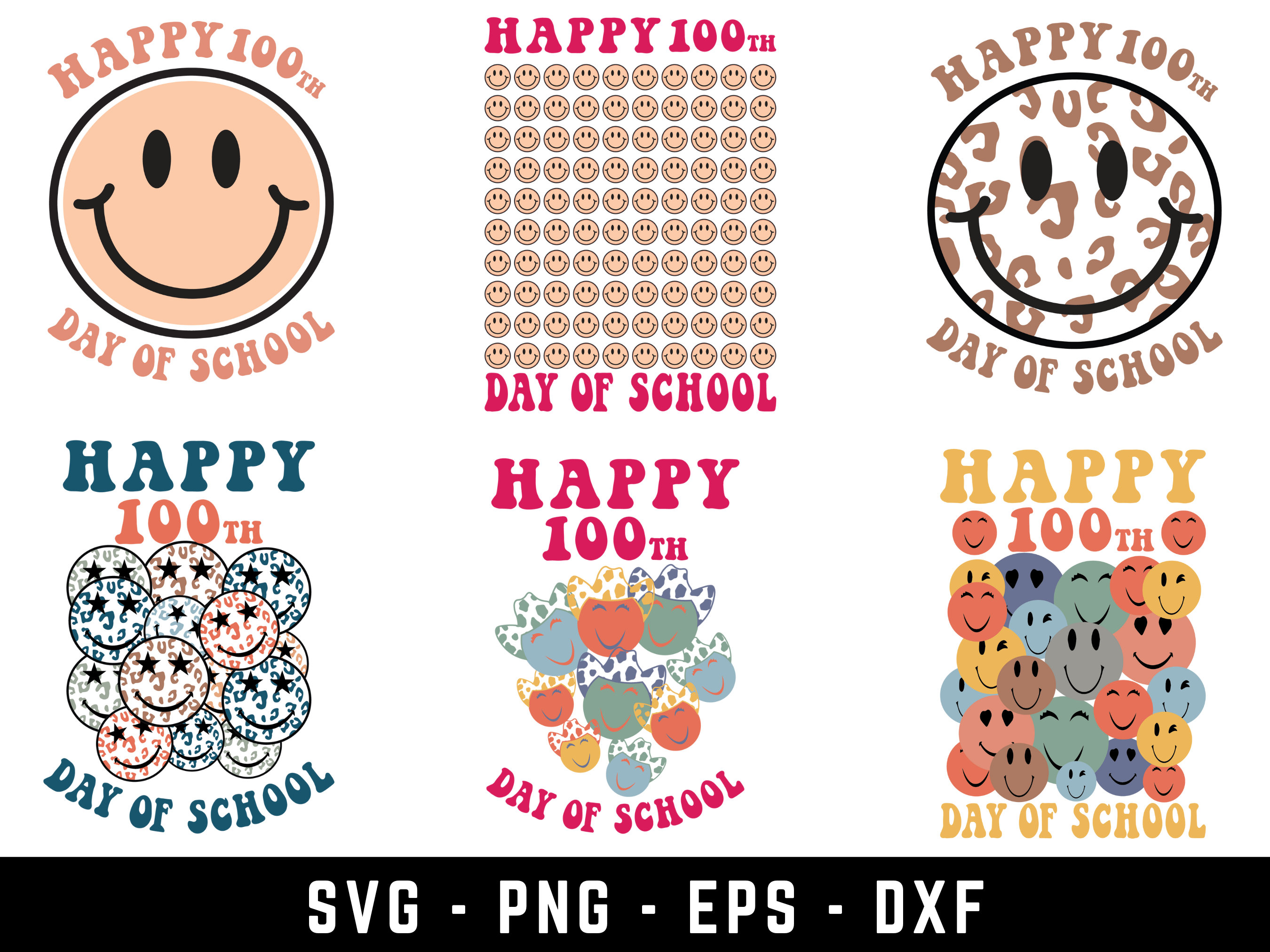 100 Days of School Smiley Face SVG Bundle, School Png Designs, School ...