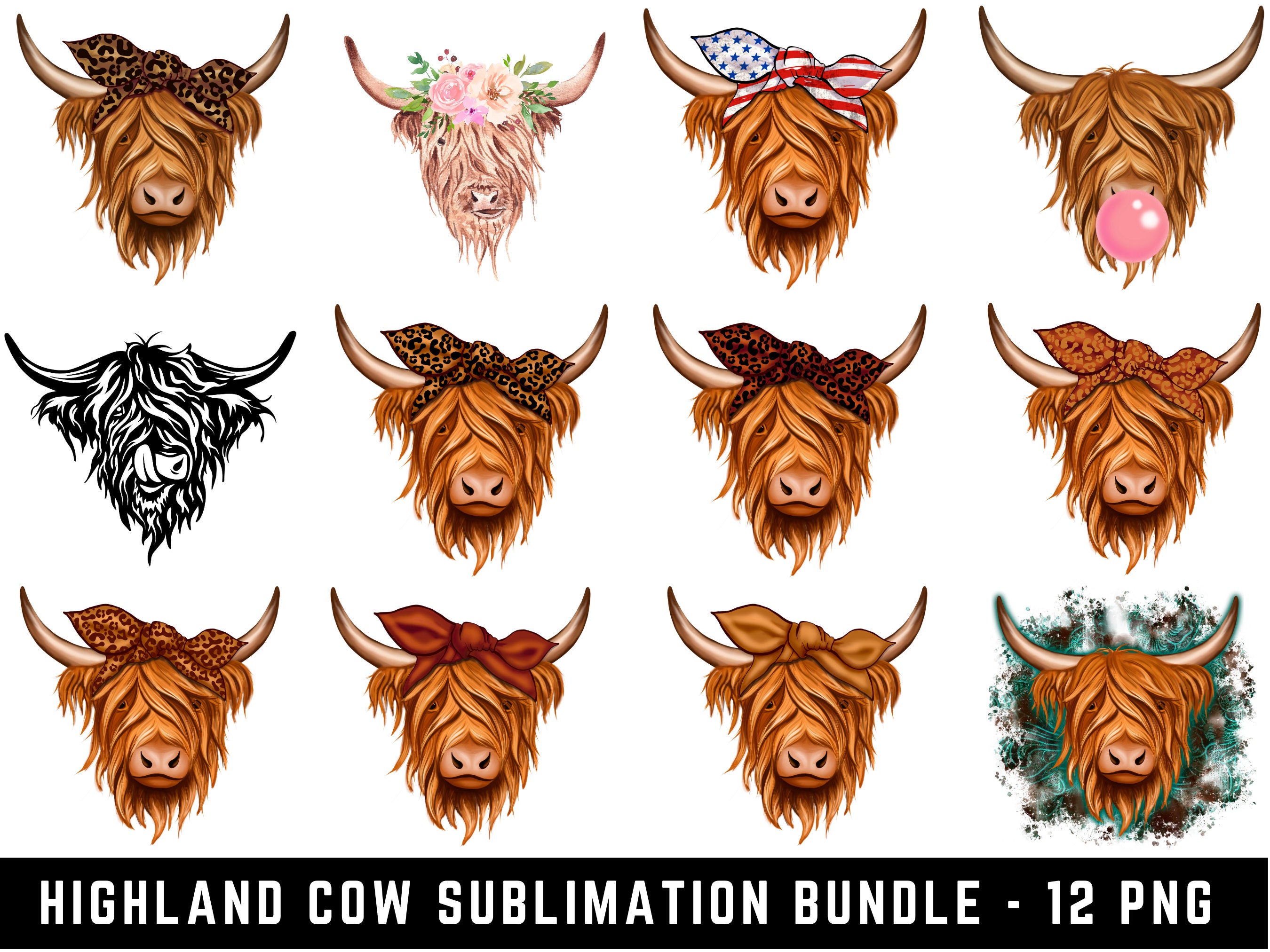 12 Highland Cow Head Sublimation, Highland Cattle Images Png, Scottish ...