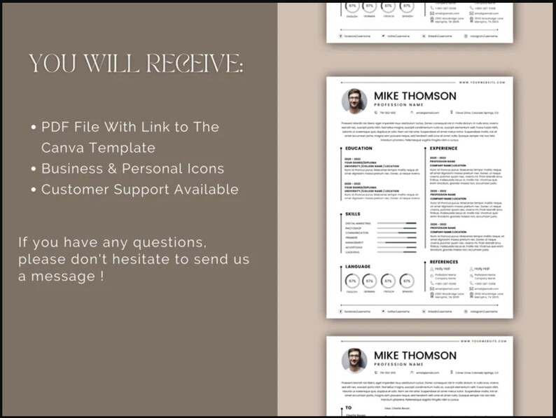 Modern Resume Template CV Canva Template Cover Letter - Etsy