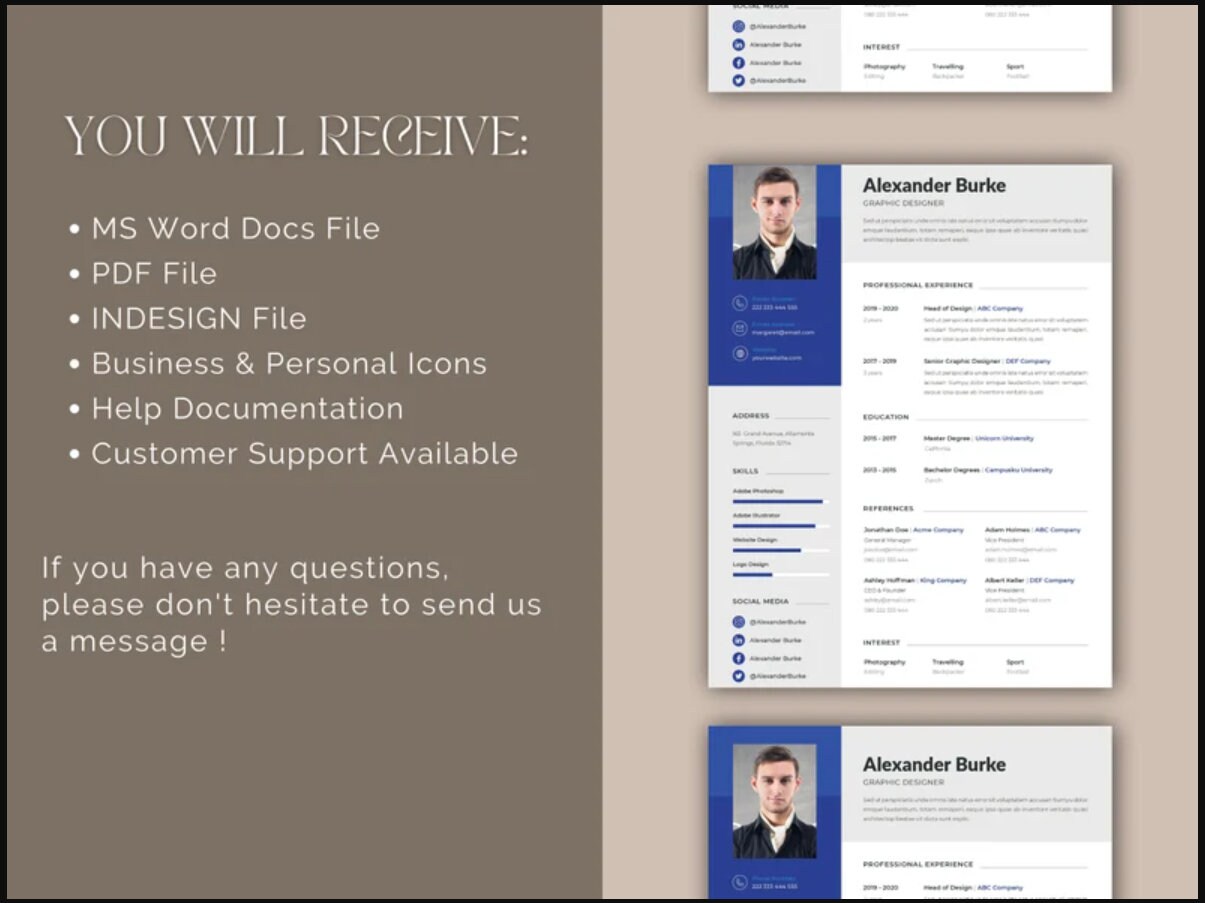 Professional Resume Template Word Blue CV Template Editable - Etsy