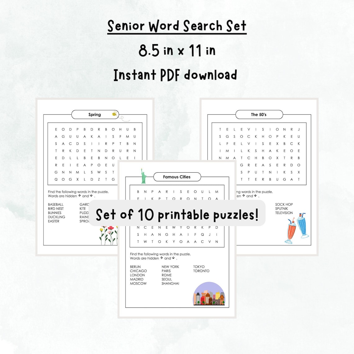 Senior Word Search Set, Printable Dementia Puzzles, Easy PDF Find a ...