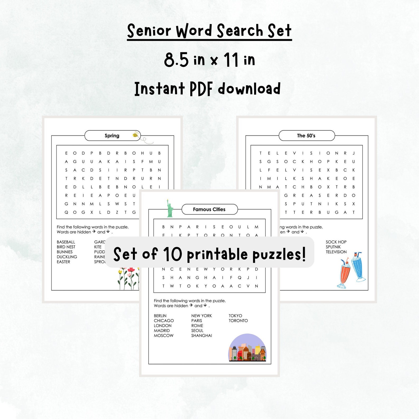 Senior Word Search Set, Printable Dementia Puzzles, Easy PDF Find a ...
