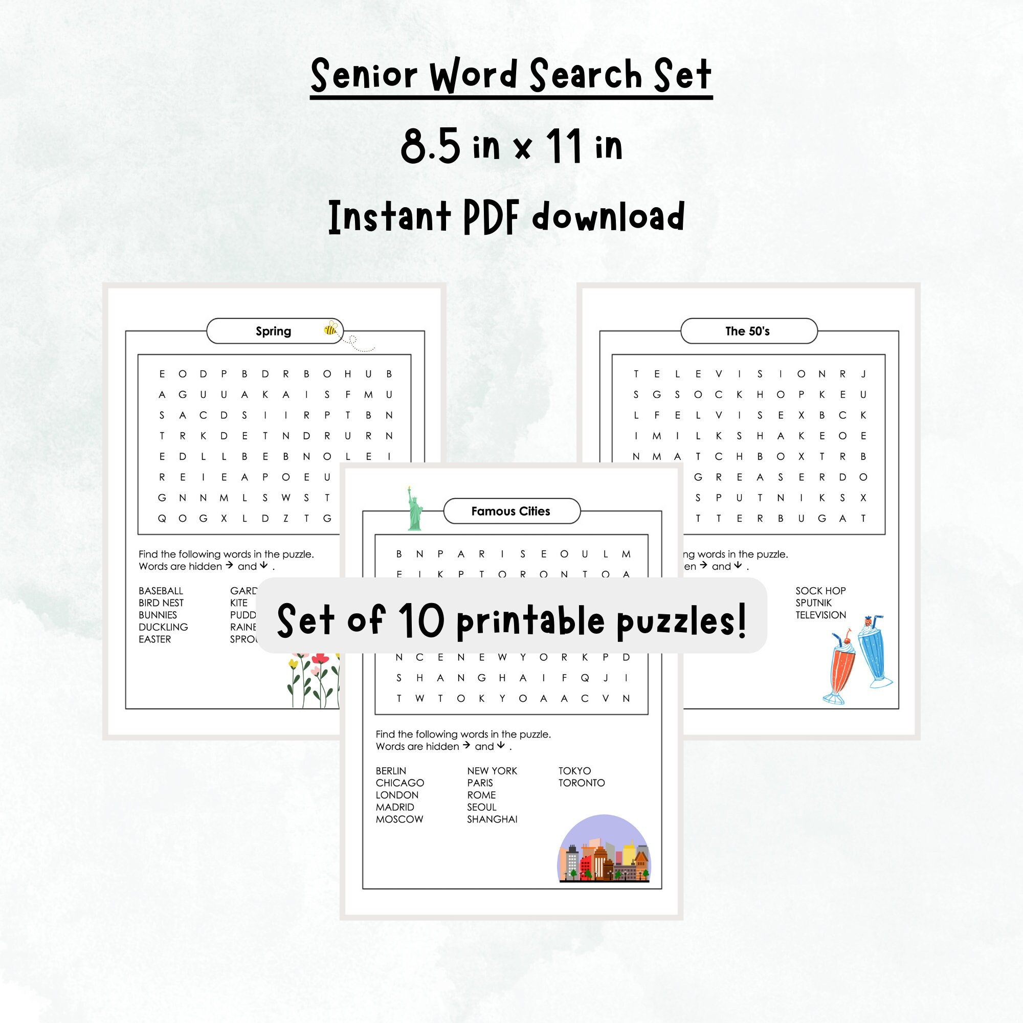 Senior Word Search Set, Printable Dementia Puzzles, Easy PDF Find a ...