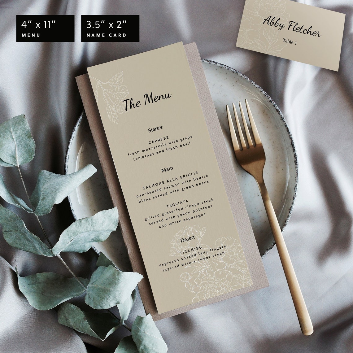 4x9 and 4x11 Wedding Menu and 3.5x2 Name Card, Event Menu, Table Card ...