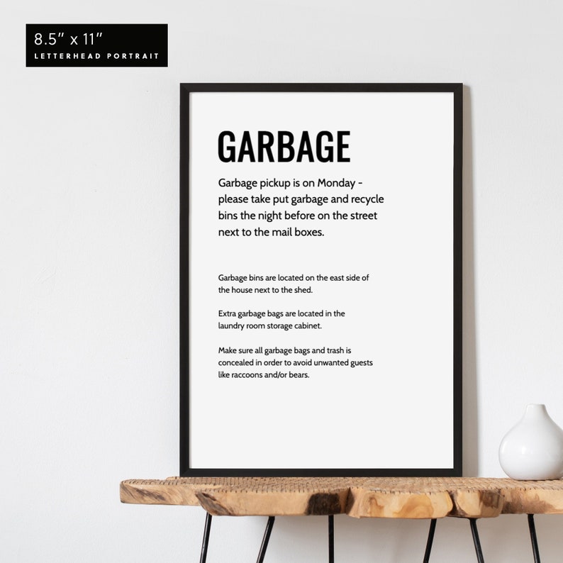 Garbage Sign, Airbnb/vrbo, Digital Template 5x7 and 8.5x11, 100% ...