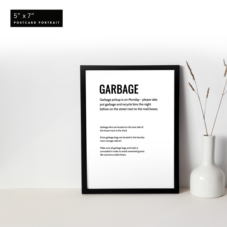 Garbage Sign, Airbnb/vrbo, Digital Template 5x7 and 8.5x11, 100% ...