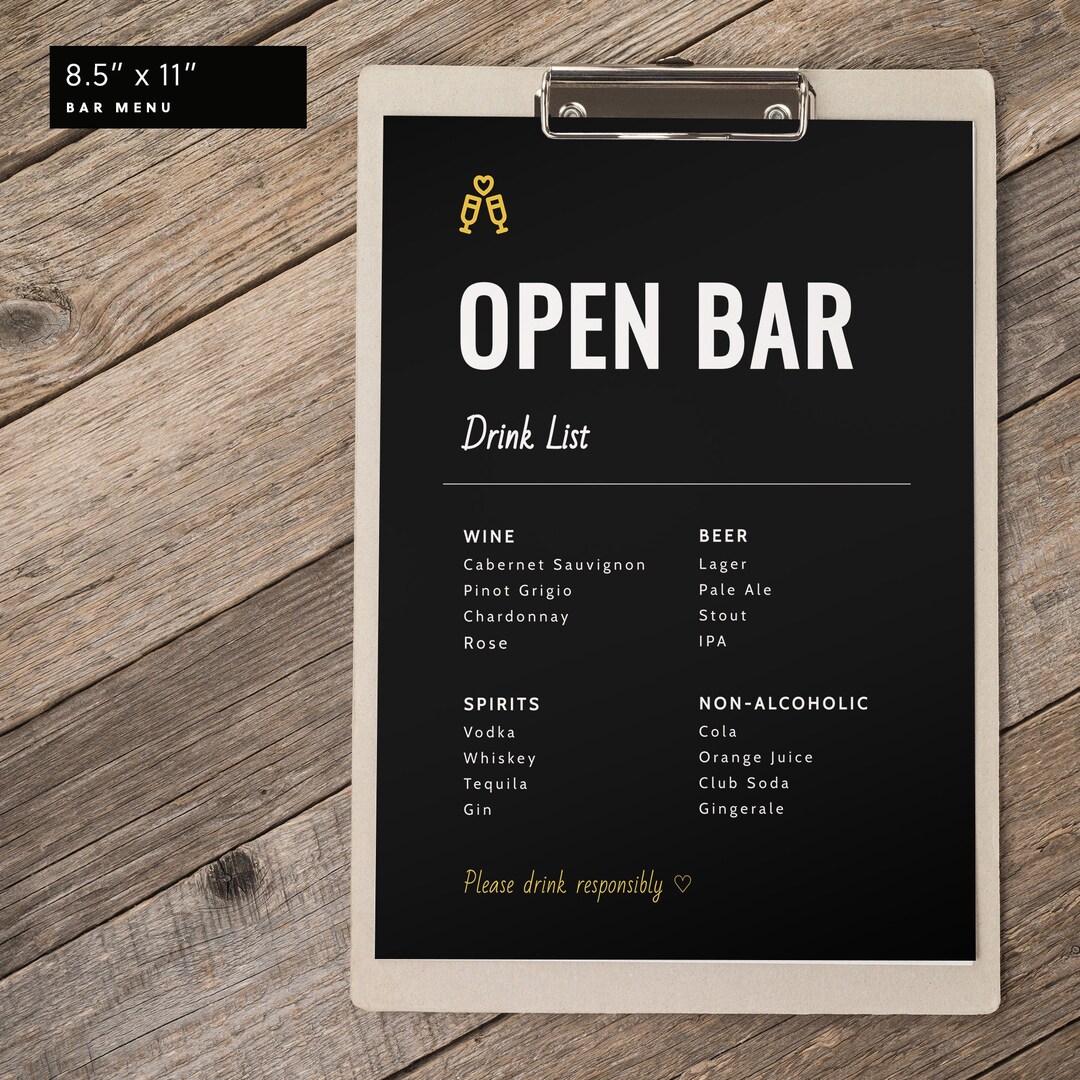 Event Bar Menu, Drink Menu, Drink List, Template 5x7 and 8.5x11, 100% ...