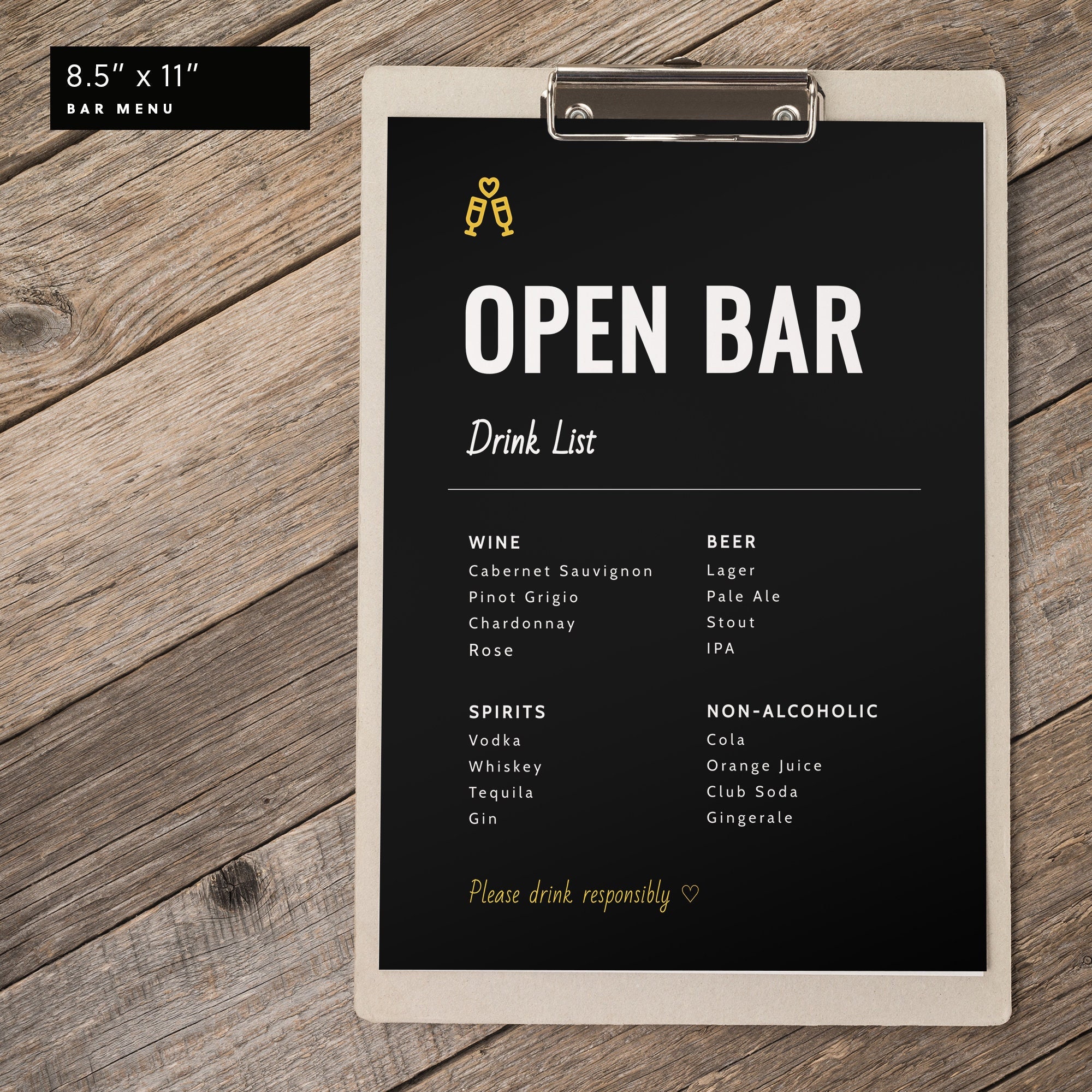 Event Bar Menu, Drink Menu, Drink List, Template 5x7 and 8.5x11, 100% Editable, Printable ...